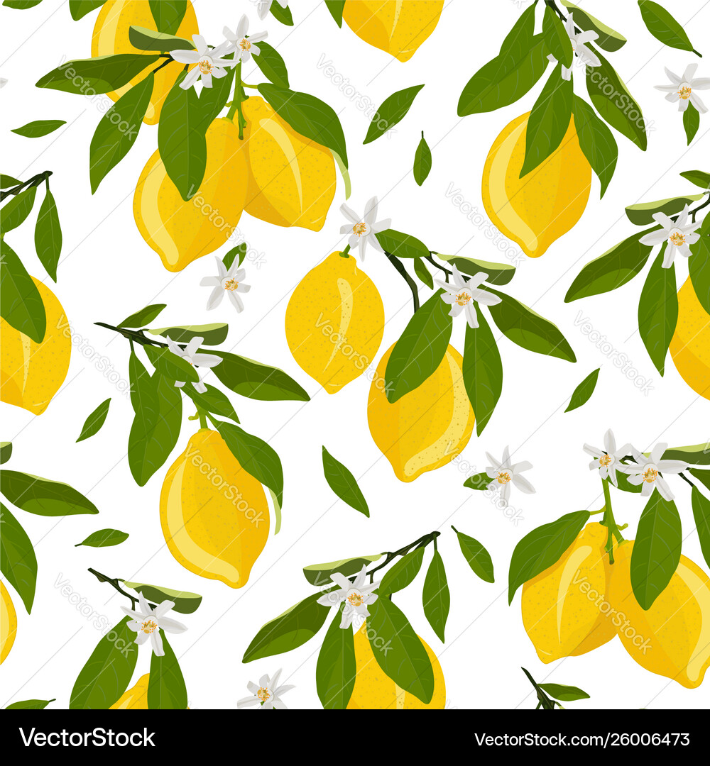 Lemon fruits seamless pattern with flowers and Vector Image
