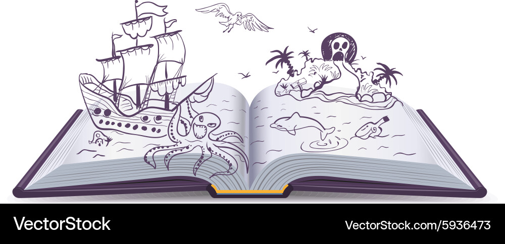 Open book adventure treasures pirates sailing Vector Image
