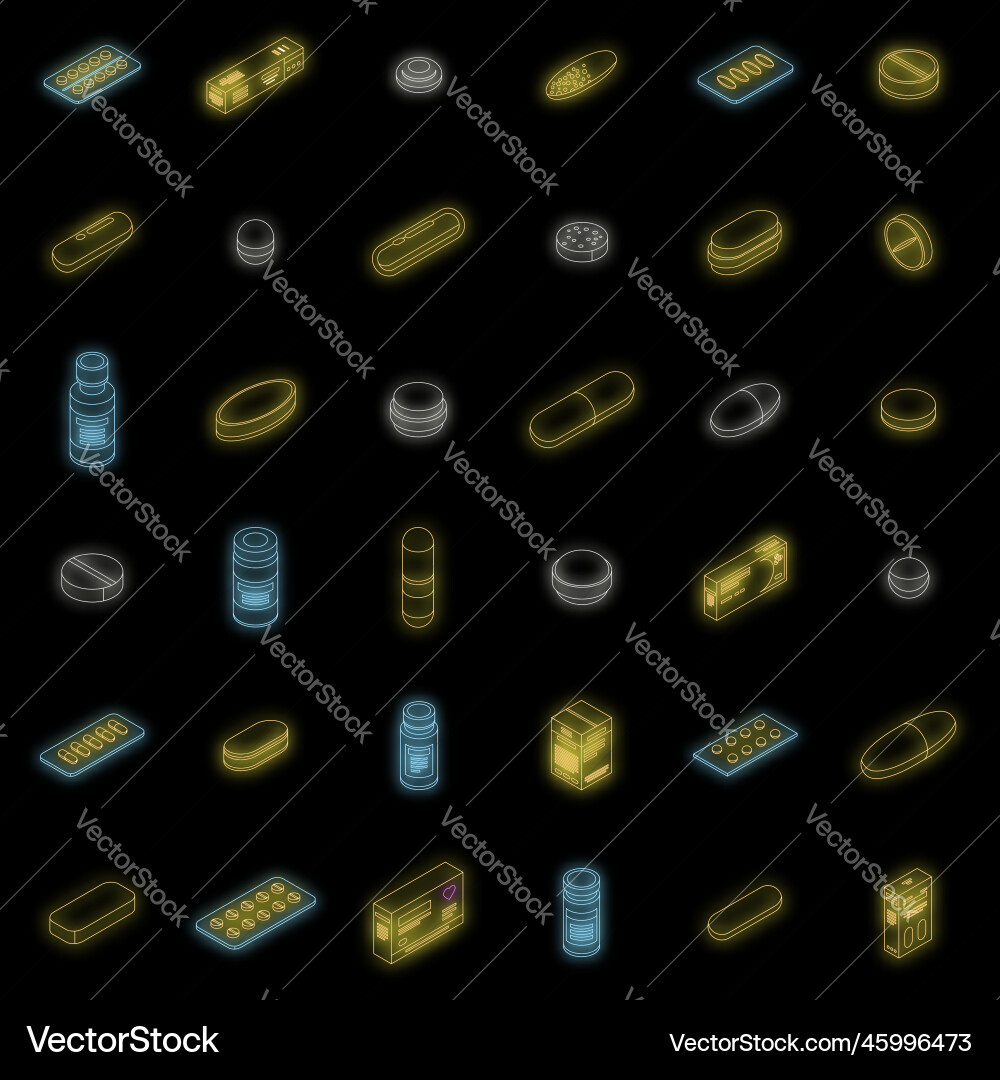 Pill drug icons set neon Royalty Free Vector Image