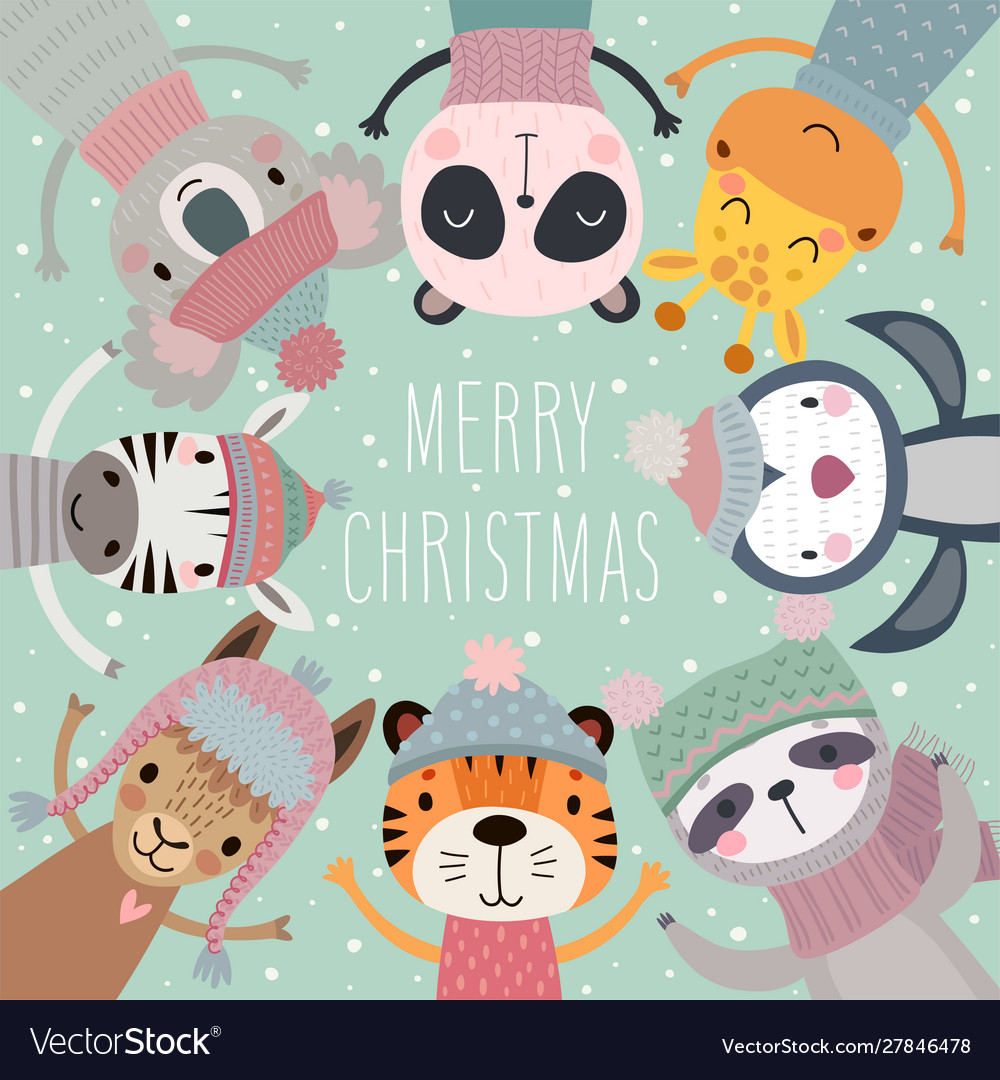 Christmas card with cute animals hand drawn Vector Image