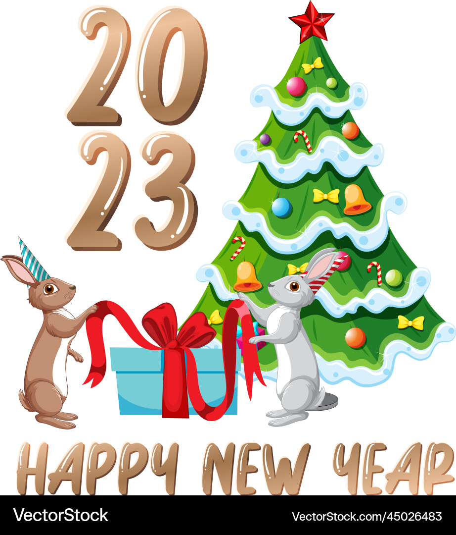 Happy new year text with cute rabbit for banner Vector Image