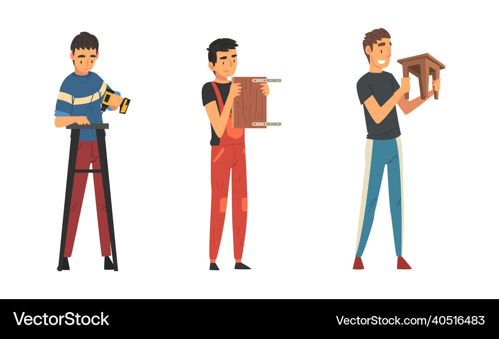 Young man assembling wooden stool and chair Vector Image