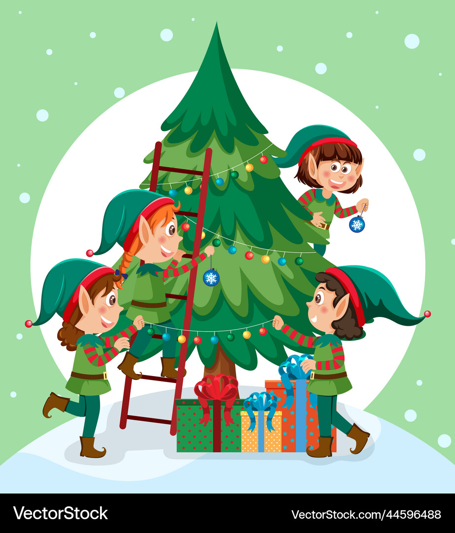 Christmas tree with elves cartoon character Vector Image