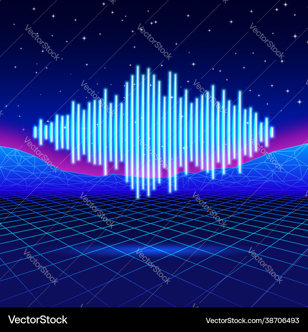 Retro gaming neon background with shiny music wave