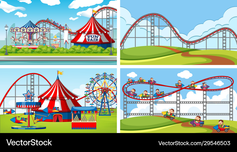 Four scenes with many rides in fun fair Royalty Free Vector