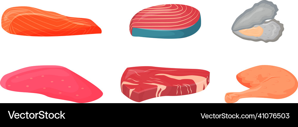 Raw meat and fish cartoon set Royalty Free Vector Image