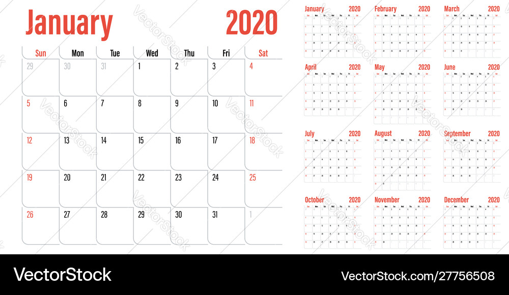 Calendar planner 2020 template Royalty Free Vector Image