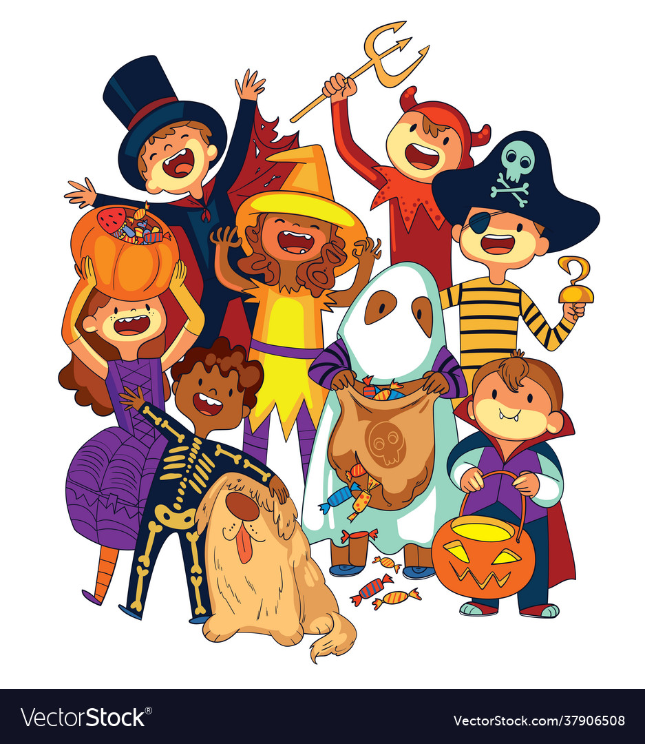 Children in halloween costumes trick or treat Vector Image