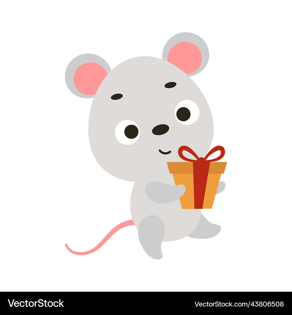 Cute little mouse carries gift box on white Vector Image