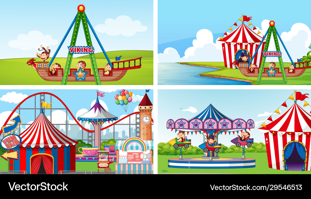 Four scenes with many rides in fun fair Royalty Free Vector