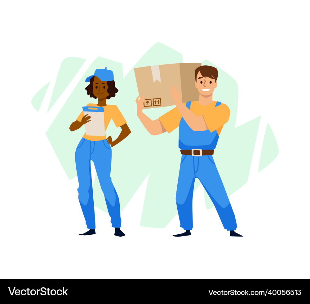Movers team with cardboard box black female Vector Image