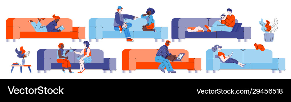 Set people sitting on couch and resting sketch Vector Image