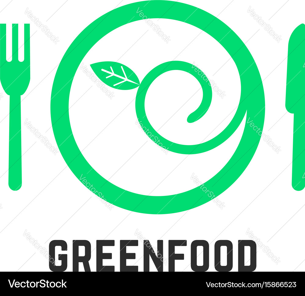 Green food logo with tablewares Royalty Free Vector Image