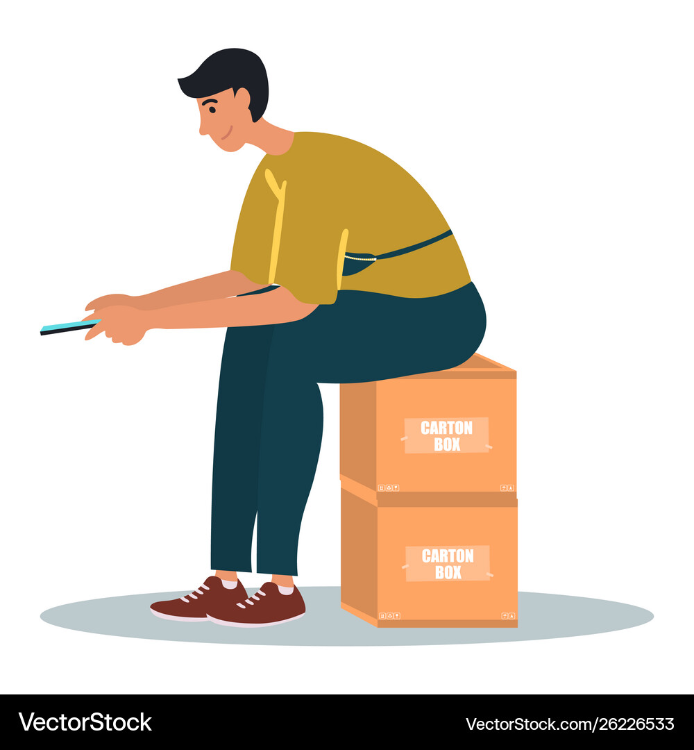 A young man sits on carton boxes and checking own Vector Image