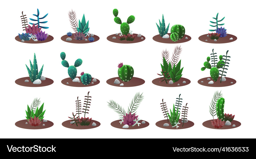 Cactuses growing in ground of pots set Royalty Free Vector