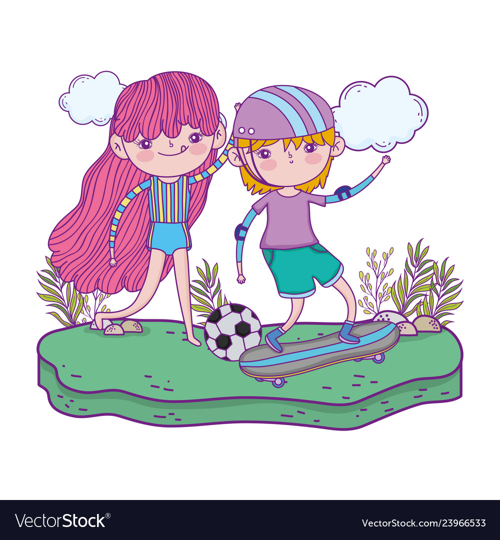 Cute little kids in skateboard and playing soccer Vector Image