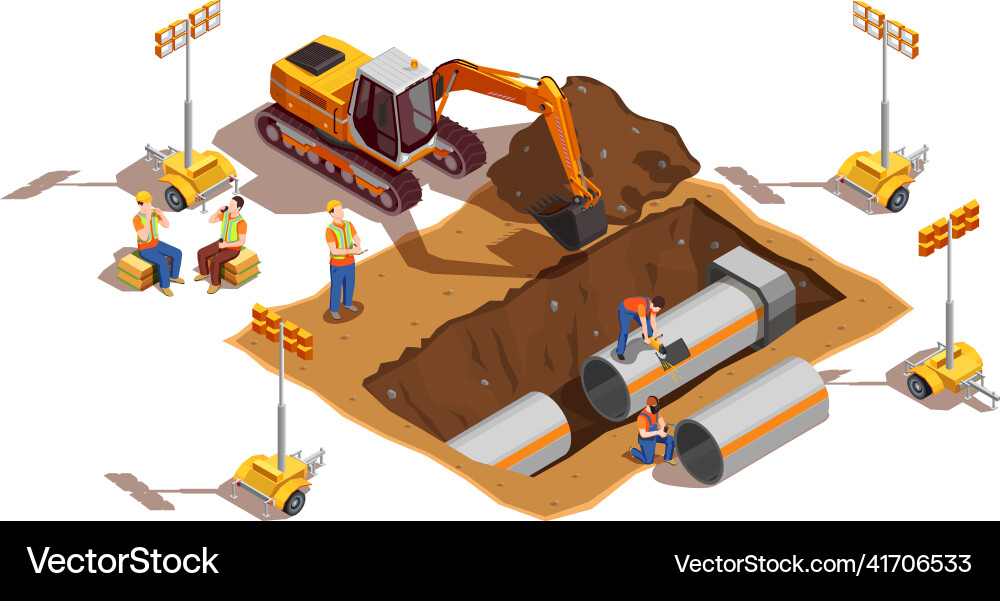 Laying of pipes isometric composition Royalty Free Vector
