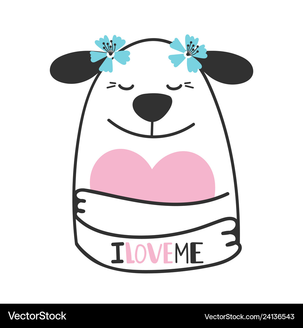 Cute doodle dog hugs heart Royalty Free Vector Image