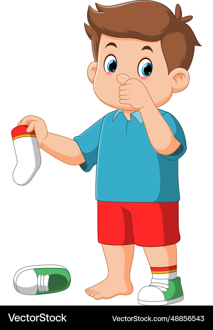 Standing boy kid holding dirty smelling sock in Vector Image