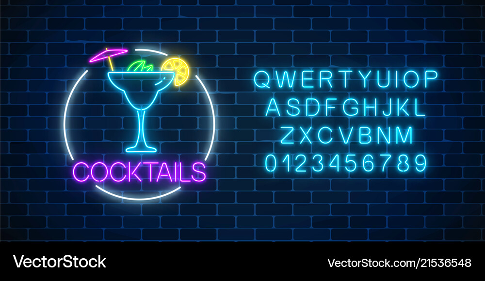 Neon sambuca cocktail sign in circle frame Vector Image