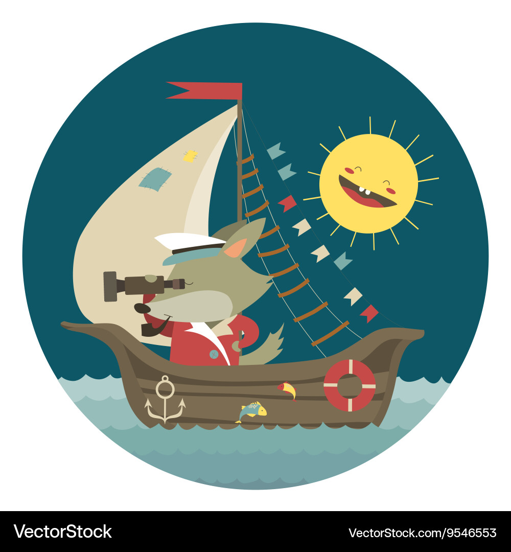 Cute captain wolf travelling ship on sea Vector Image