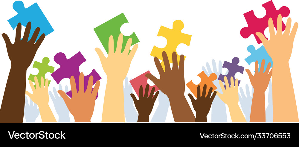 Many hands holding colorful puzzle pieces Vector Image