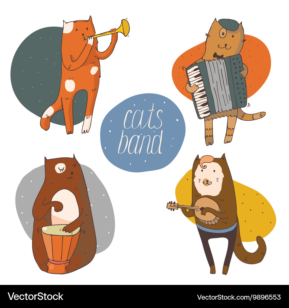 Set of fun cats playing musical instruments - drum