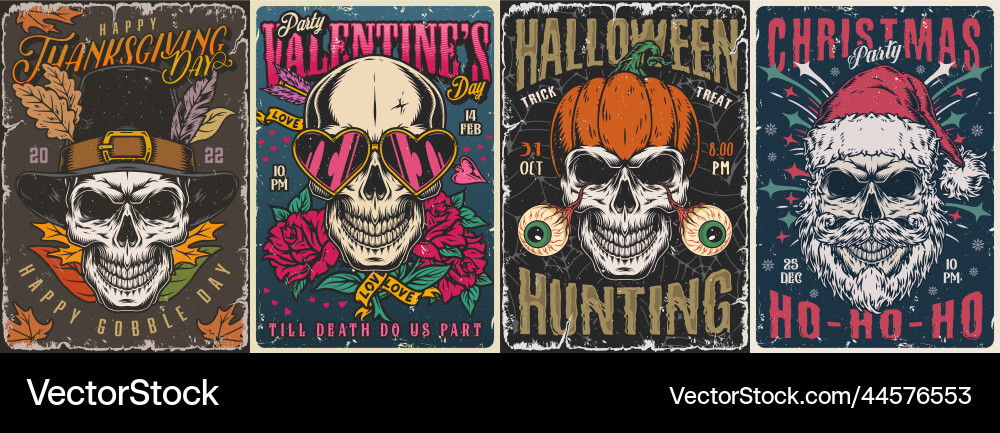 Skull party set posters colorful Royalty Free Vector Image
