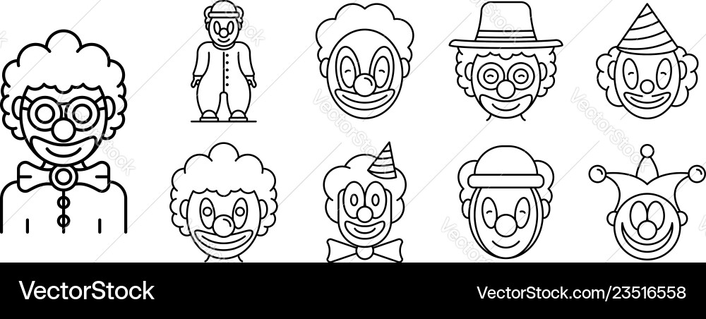 Clown icons set outline style Royalty Free Vector Image