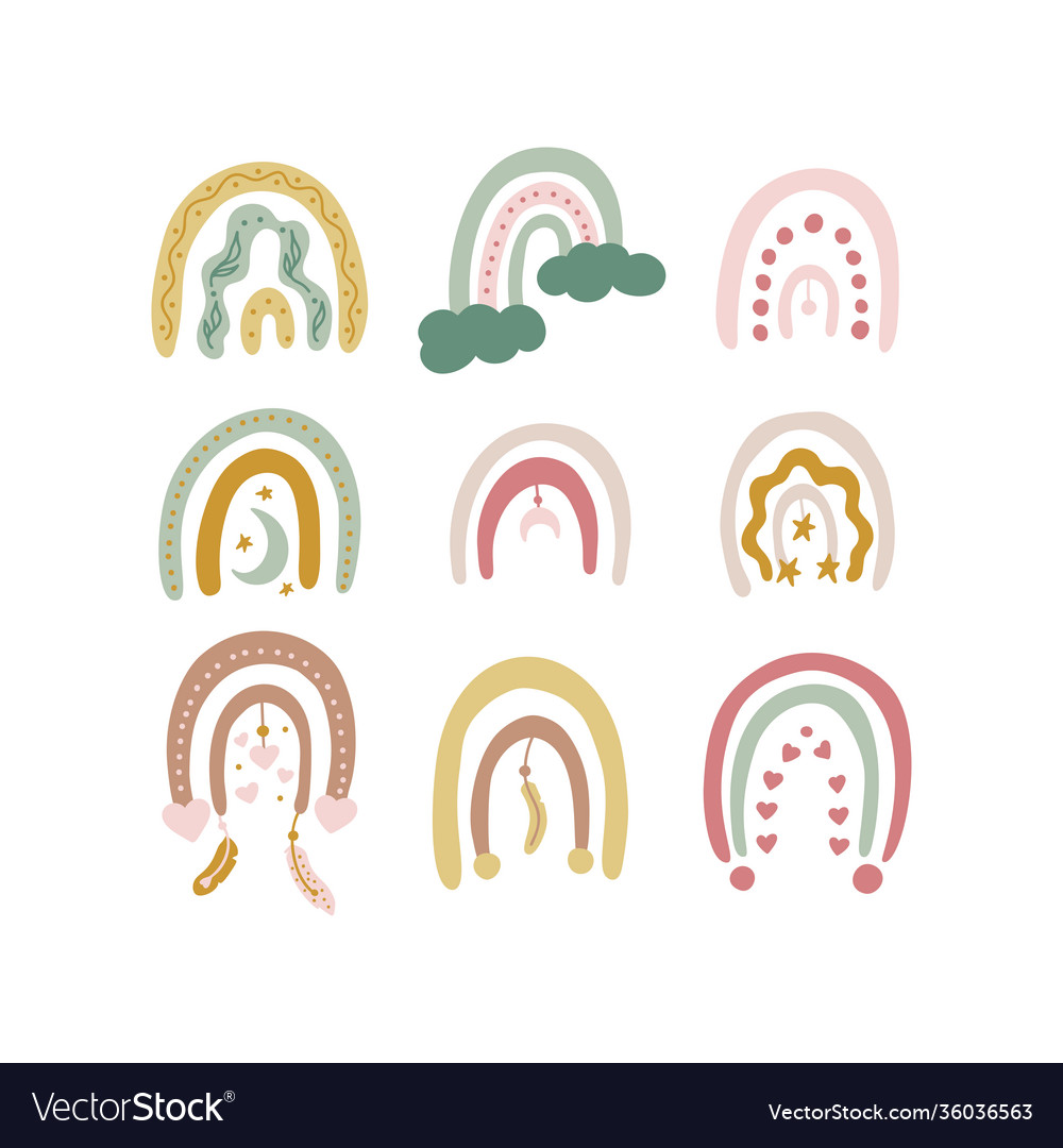 Hand drawn collection cute boho rainbows Vector Image