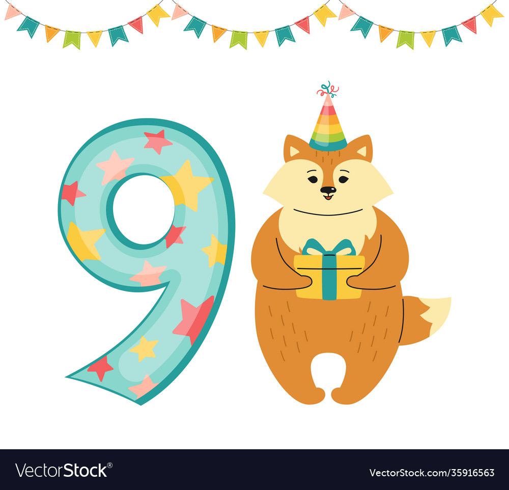 Happy birthday card fox number nine flat Vector Image