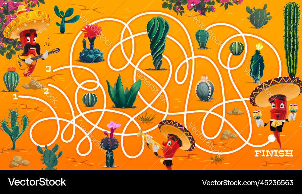 Labyrinth maze worksheet mexican mariachi cactus Vector Image