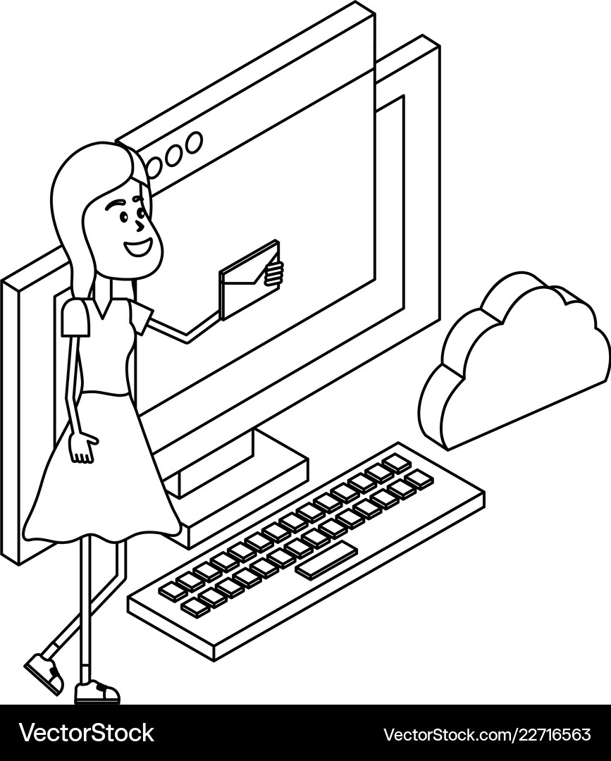 Woman and technology isometric in black white Vector Image