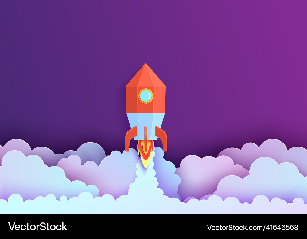 Rocket take off in paper cut style night sky Vector Image