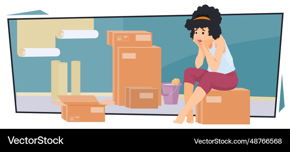 Sad girl on boxes for internet and mobile website Vector Image