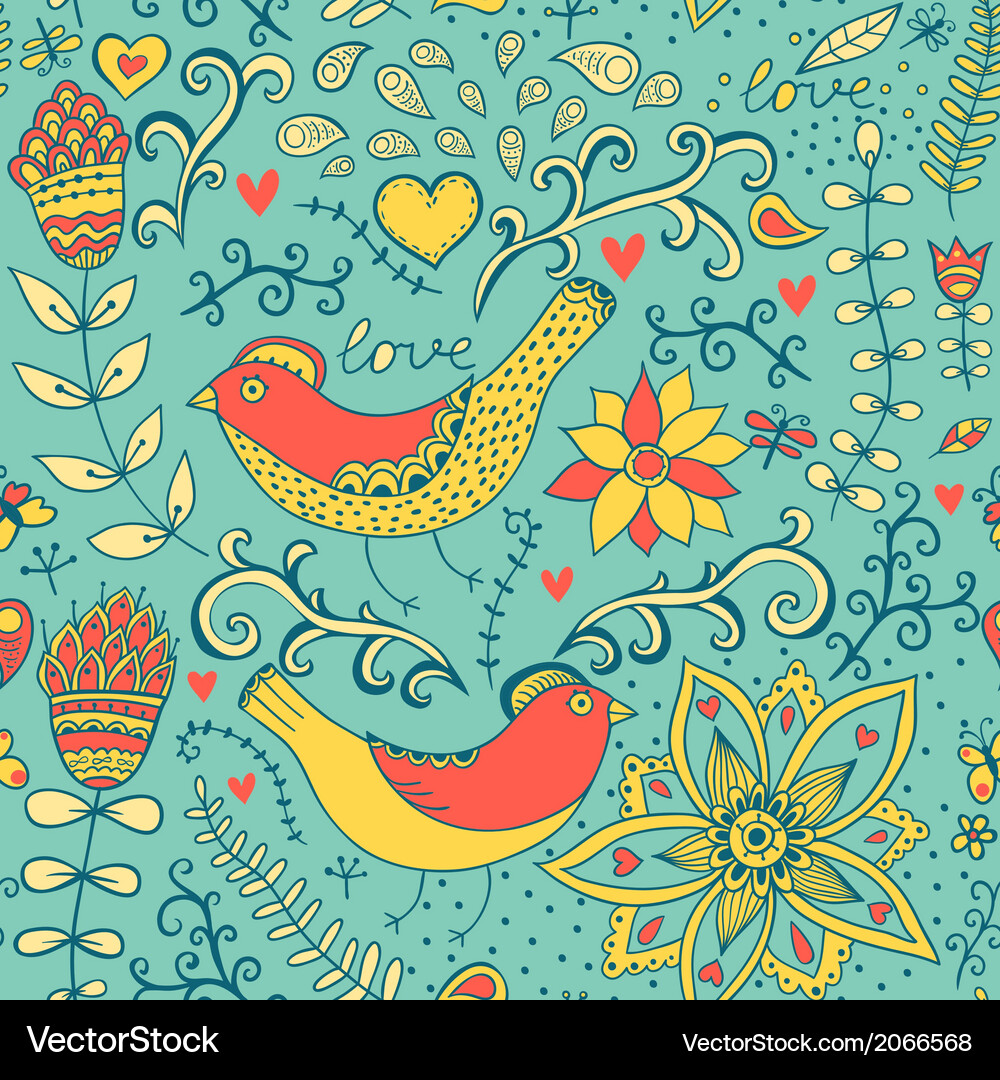 Seamless texture with flowers and birds endless Vector Image