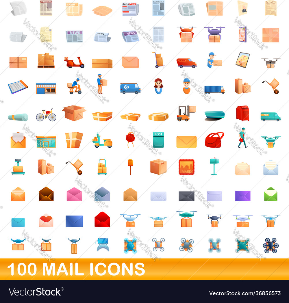 100 mail icons set cartoon style Royalty Free Vector Image