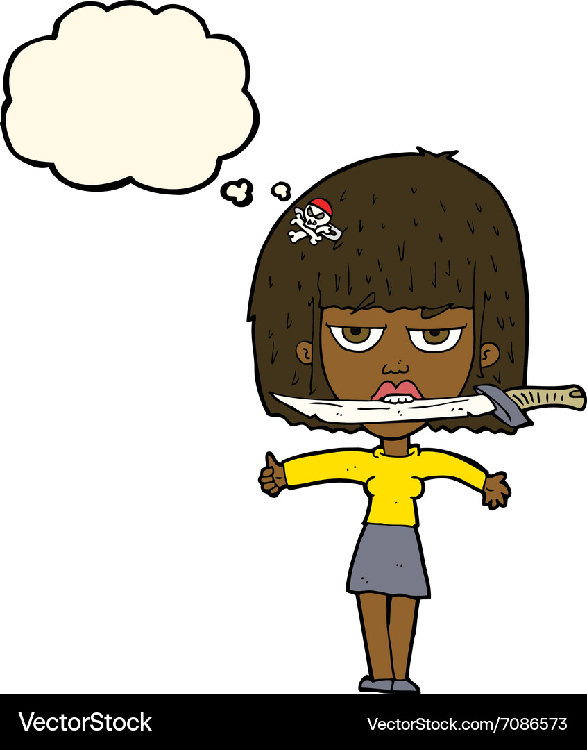 Cartoon woman with knife between teeth Royalty Free Vector