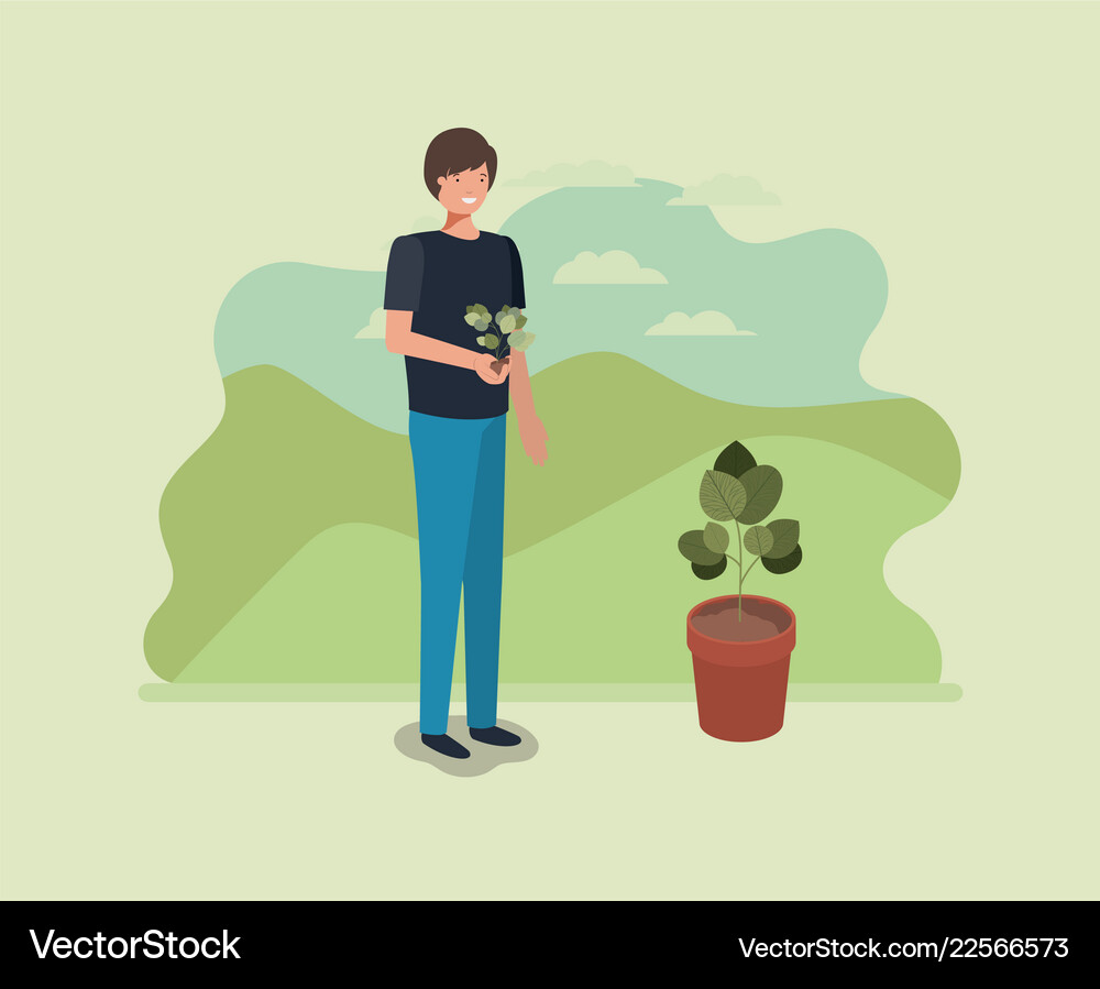 Young man planting tree in the park Royalty Free Vector