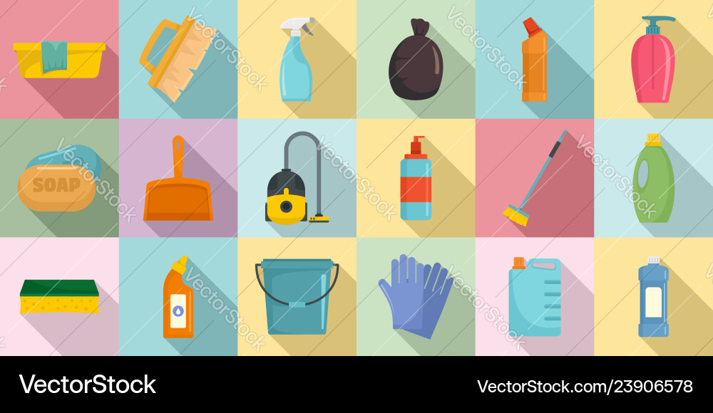 Cleaner equipment icons set flat style Royalty Free Vector