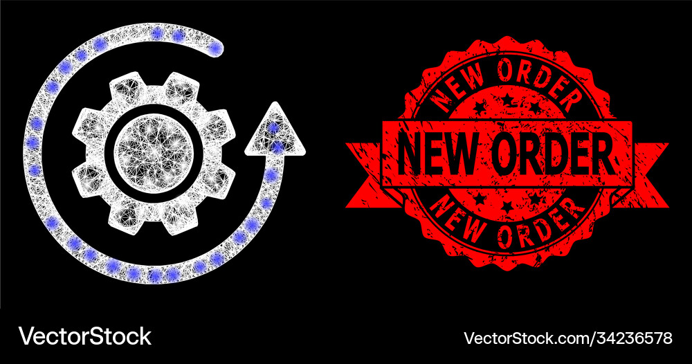 Grunge new order stamp and bright web mesh gear Vector Image