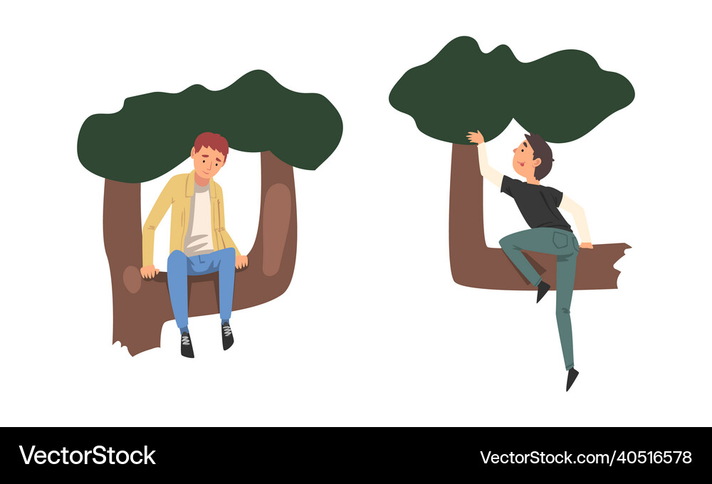 Young man climbing up tree branch and sitting Vector Image