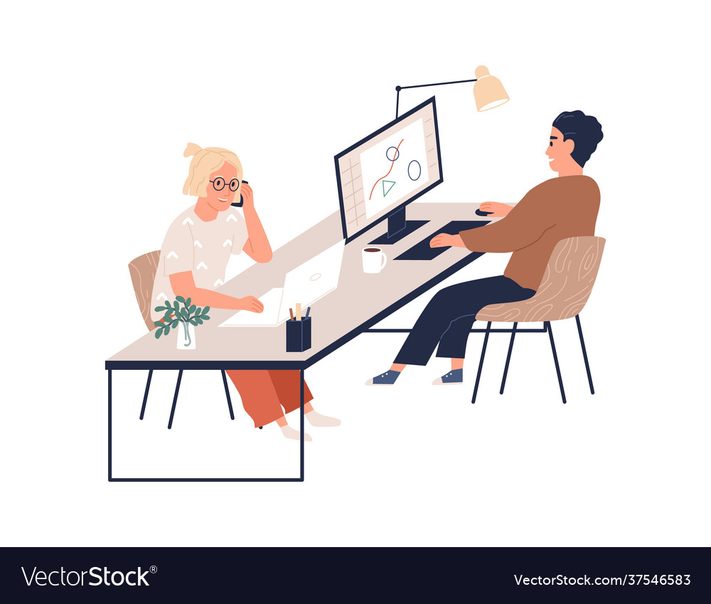 Young happy people working with computers Vector Image