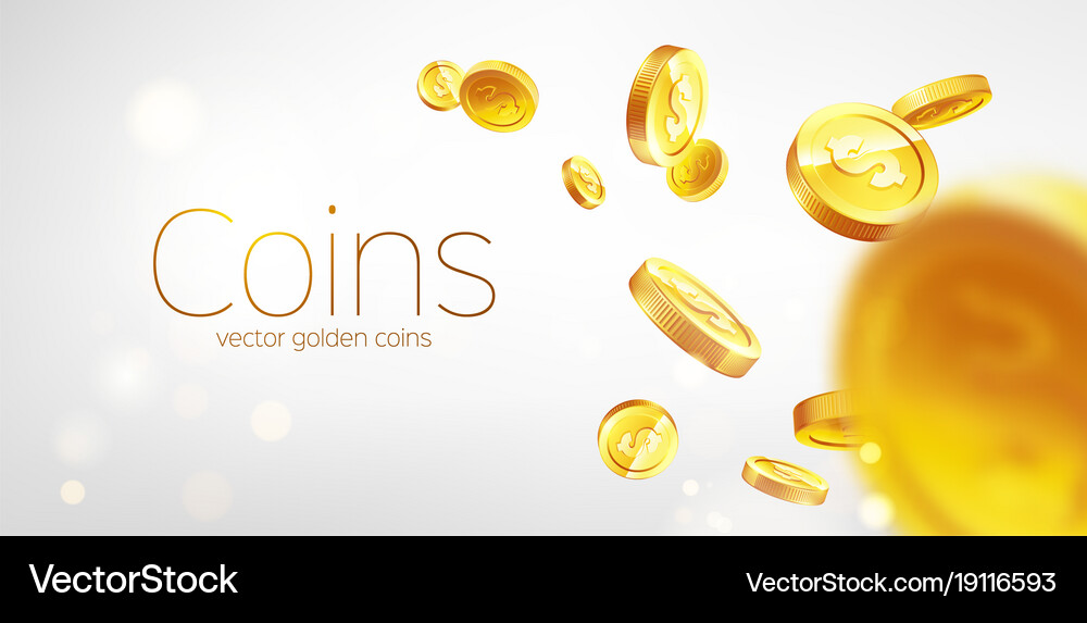 Banner realistic gold coins flying gray Royalty Free Vector