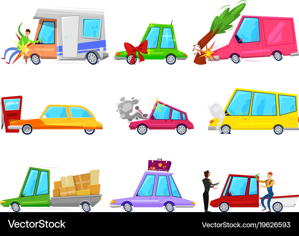 Cartoon car accident comic minicar and Royalty Free Vector