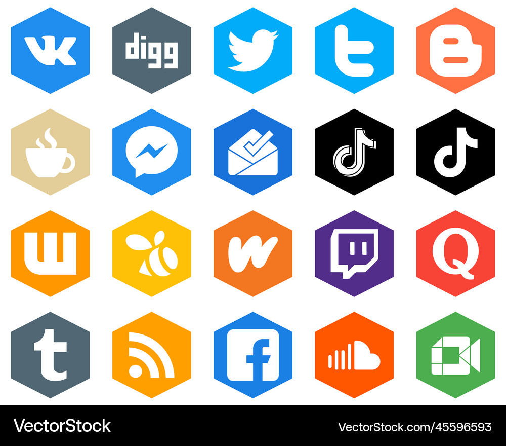 Hexagon flat color white icon set video douyin Vector Image