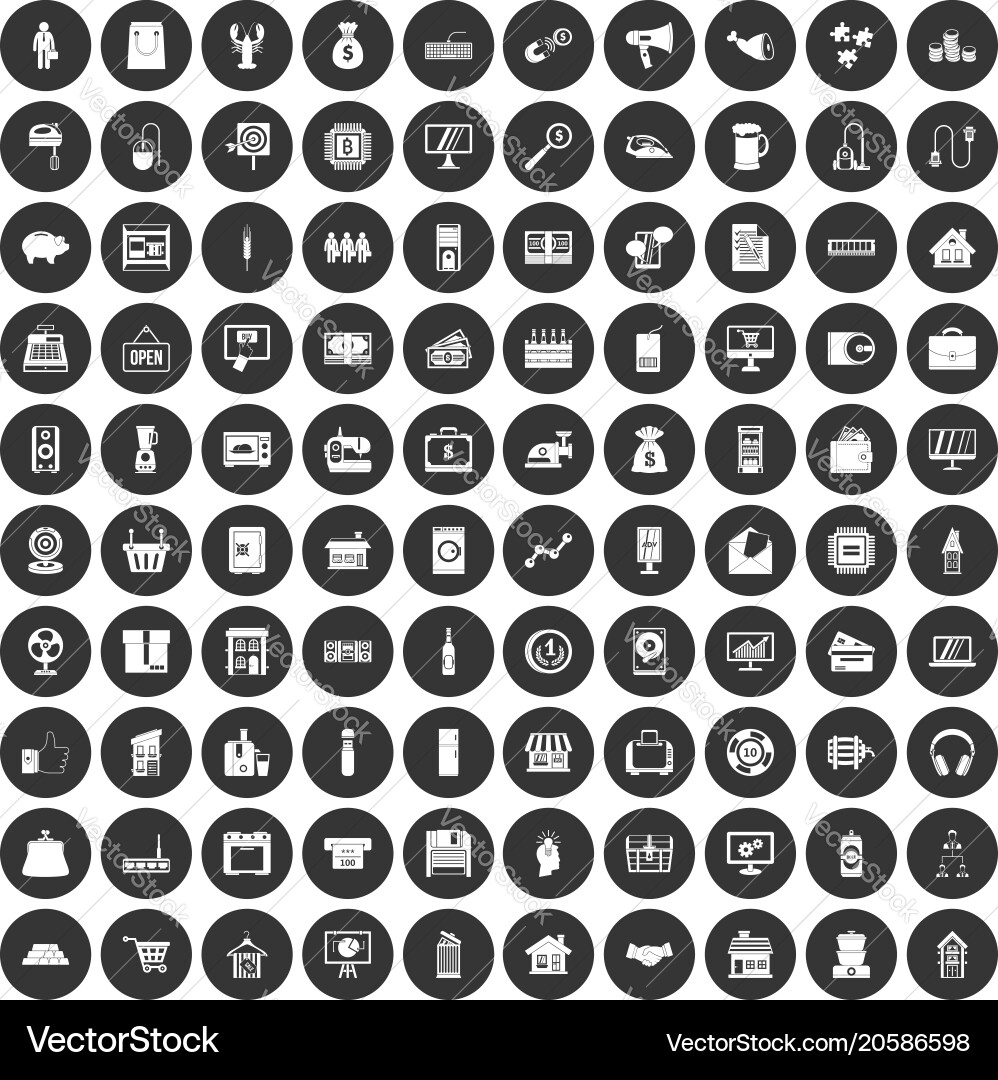 100 sales icons set black circle Royalty Free Vector Image
