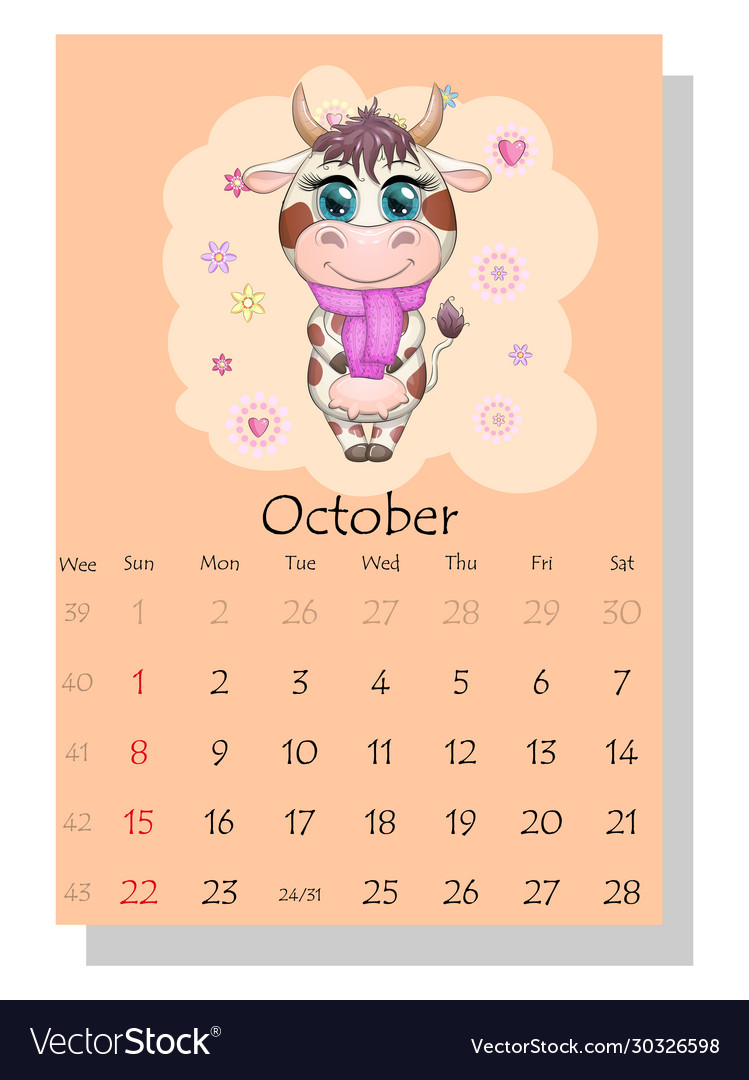 Calendar 2021 cute bull and cow for every month Vector Image