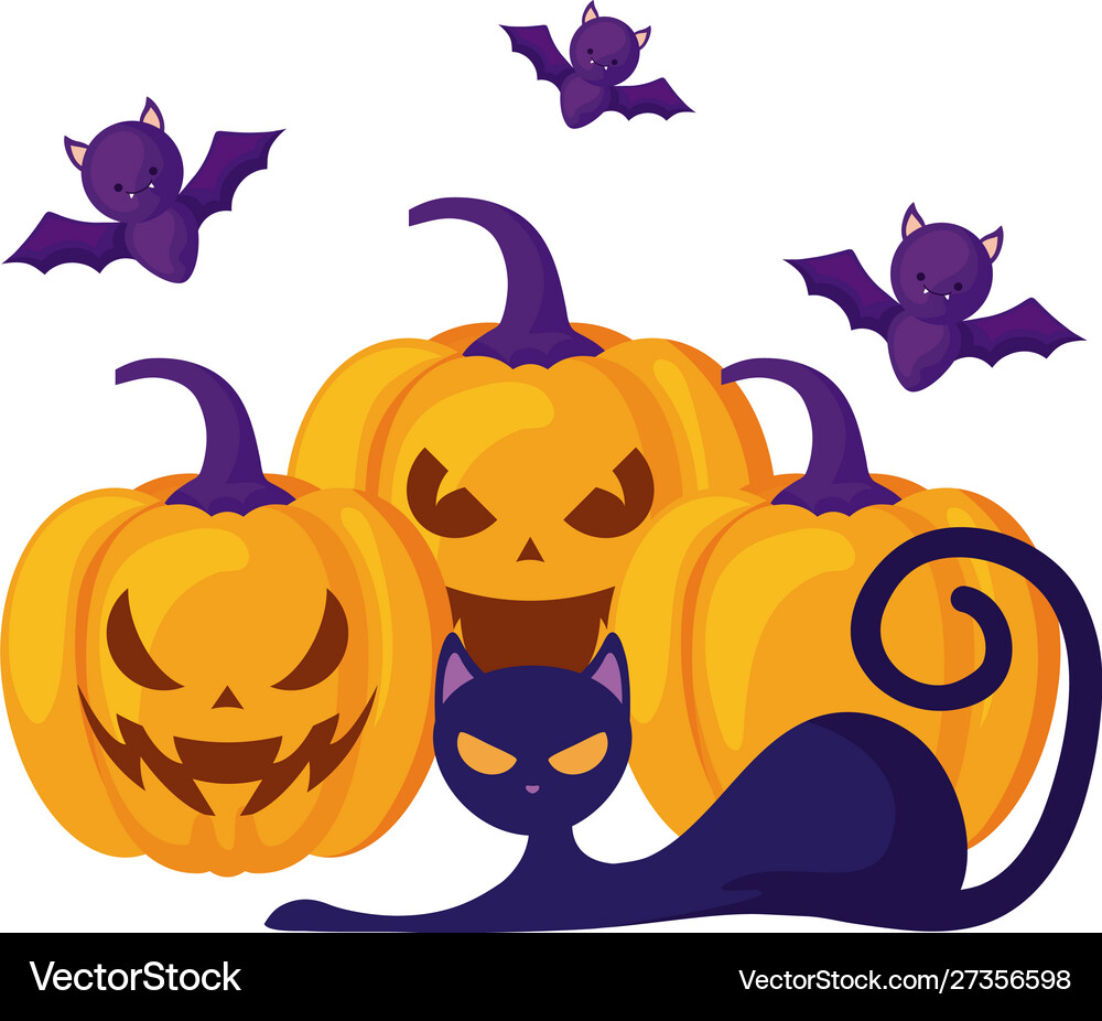 Halloween pumpkins with cat and bats flying Vector Image