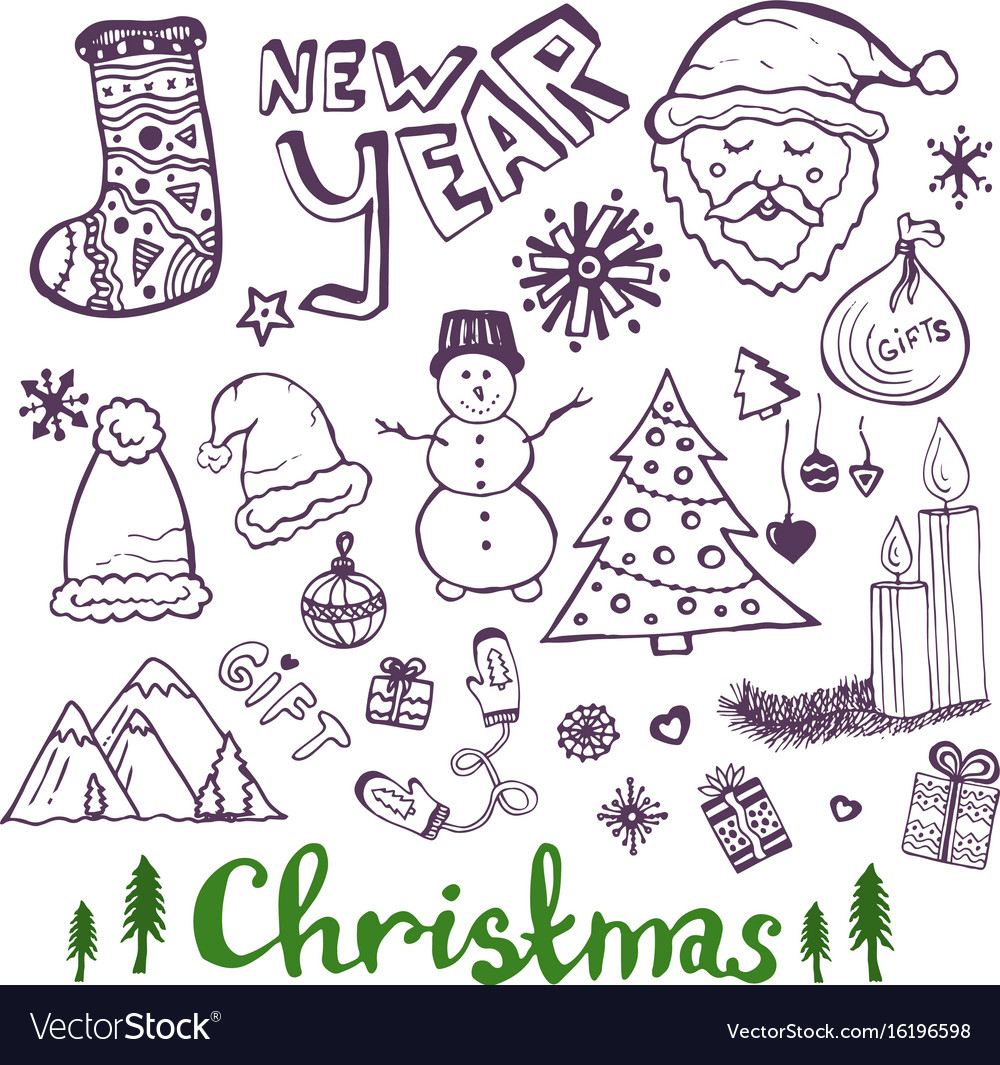 Happy new year sketch doodle set christmas Vector Image